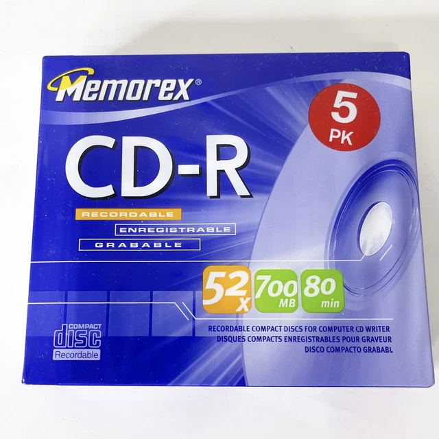 NEW MEMOREX CD-R 52X 700 MB 80 Min 5 Pack Jewel Case Recordable Sealed ...