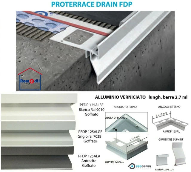 PROFILO TERRAZZE BALCONI Alluminio Verniciato Proterrace Drain Fdp 125 ...