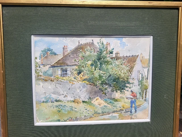 TABLEAU AQUARELLE SIGNÉE T. NICOL. Paysage Animé. Peinture sur papier. EUR 55,00 - PicClick FR