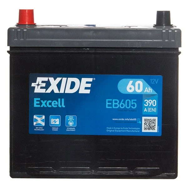 EXIDE EB605 EXCELL 014 Car Battery 12V 60Ah 390cca L230 x W170 x H225 1 ...
