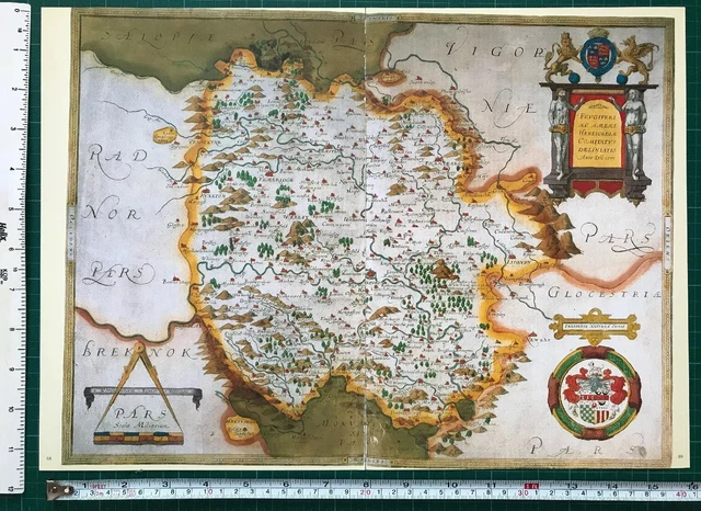 OLD TUDOR SAXTON 1500's Map Herefordshire, England 1577 Antique Reprint ...