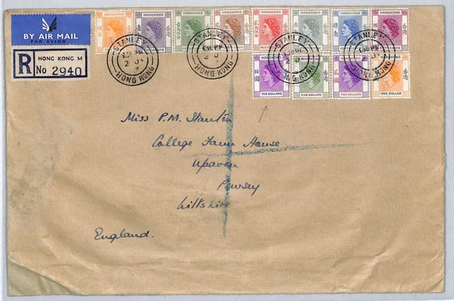 HONG KONG QEII Cover Stanley Registered Air Mail GB Wilts Pewsey ...