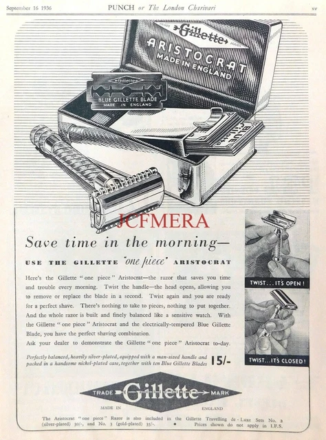 GILLETTE 'ARISTOCRAT' ONE-PIECE Safety Razor Advert : 1936 Shaving ...