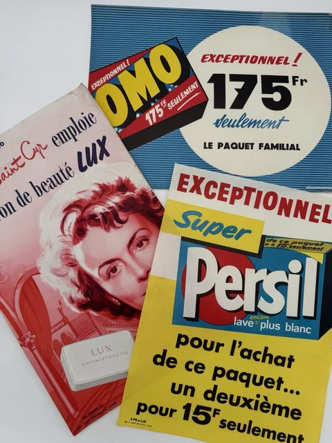 3 AFFICHES PUBLICITAIRES. Années 1950. Savon Lux, Omo, Persil. Très bon ...
