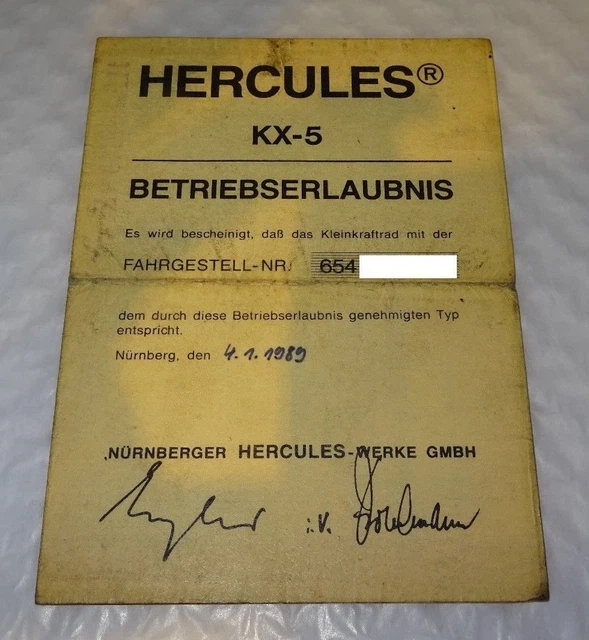 HERCULES SACHS KX 5 Moped 40 km/h - Betriebserlaubnis ABE Papiere - TYP ...