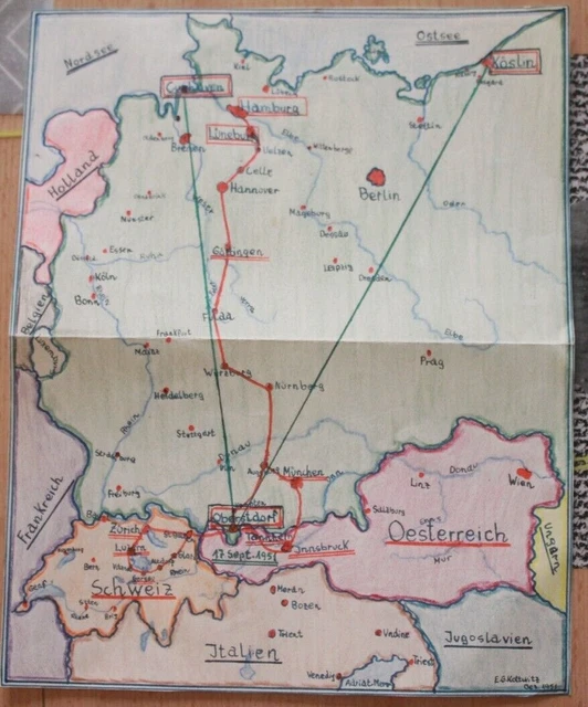 MAP MAP 1951 travel map borders Germany territories before 1945 M1 £5. ...