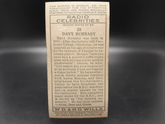 1930S WILL'S RADIO & Film Stars DAVY BURNABY Tobacco Cigarette Movie ...
