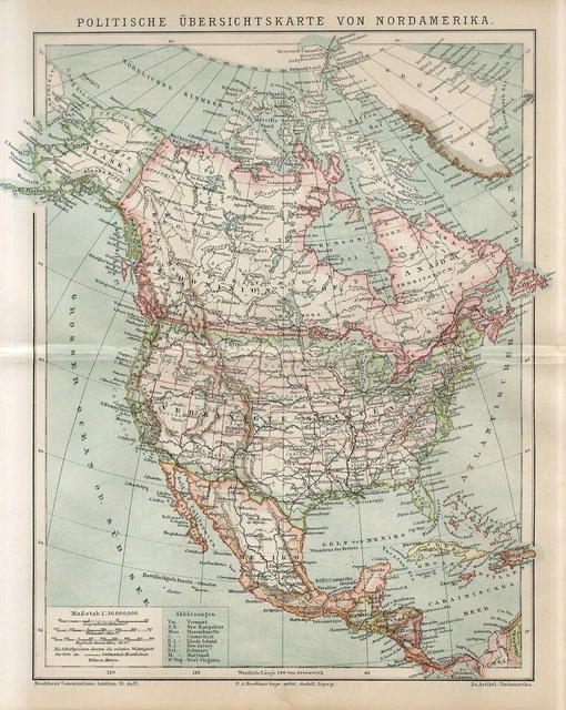 1882 NORTH AMERICA POLITICAL MAP USA CANADA MEXICO GREENLAND Antique ...