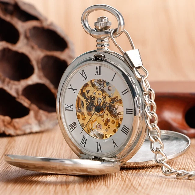 SILVER HAND WINDING Pocket Watch Mechanical Double Hunter Retro Chain ...