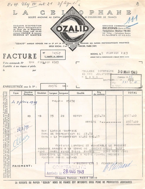 1949 FACTURE Ozalid A Paris - College Technique A Reims EUR 10,00 ...