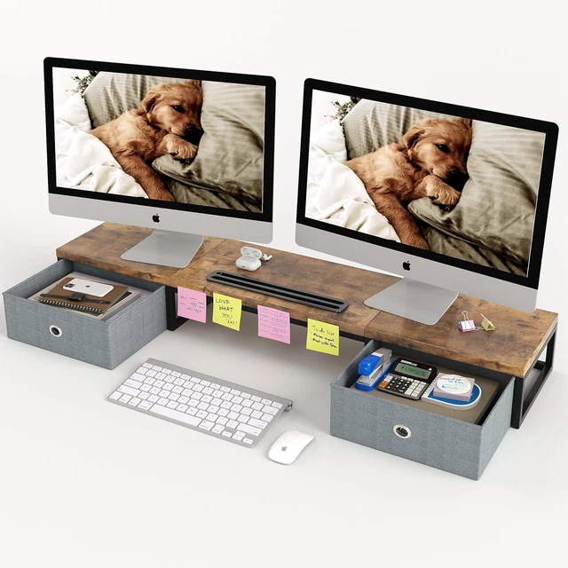 DUAL MONITOR STAND Riser with 2 Drawers - 39Inch Large Storage Computer ...