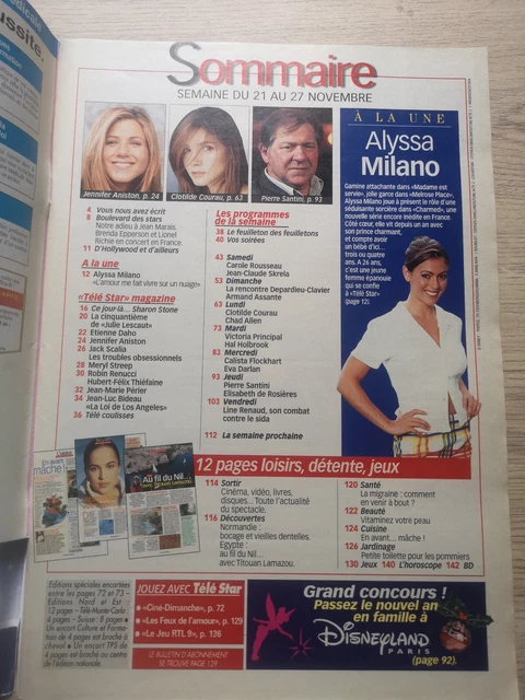 TELE STAR DU 21/11/1998; Alyssa Milano/ Sharon Stone/ Jean MArais ...