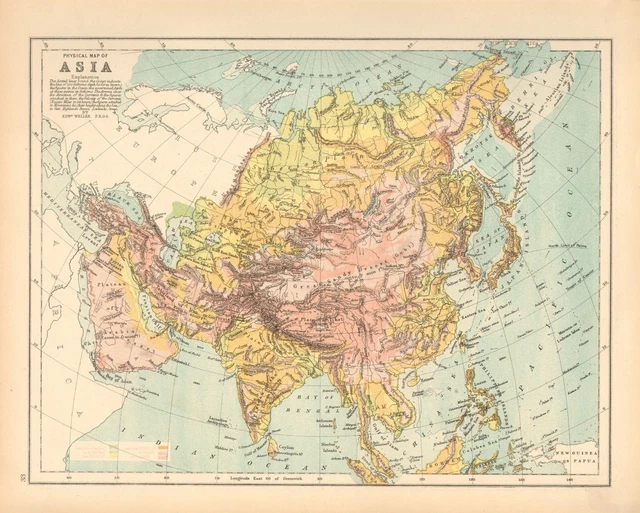 C1900 VICTORIAN MAP PHYSICAL MAP OF ASIA HEIGHTS & DEPTHS $77.66 ...