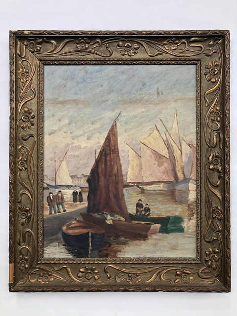 SUPERBE ANCIEN TABLEAU PEINTURE sur BOIS MARINE PORT BRETON PÊCHEURS VOILIERS EUR 350,00 ...