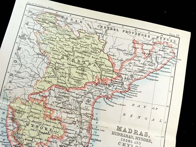 MAP OF INDIA Madras Hyderabad Mysore Coorg Ceylon Bangalore Antique ...