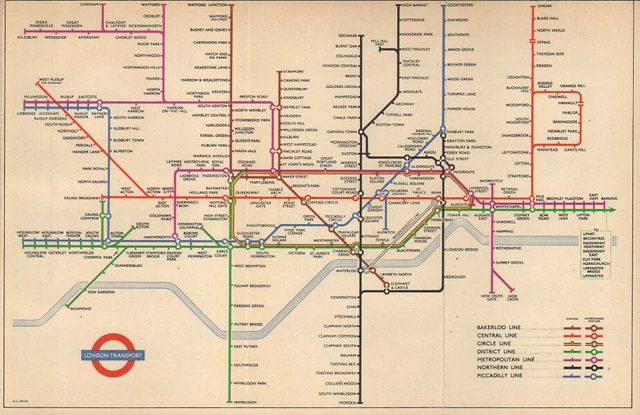 LONDON UNDERGROUND TUBE map diagram of lines South Acton HARRY BECK ...