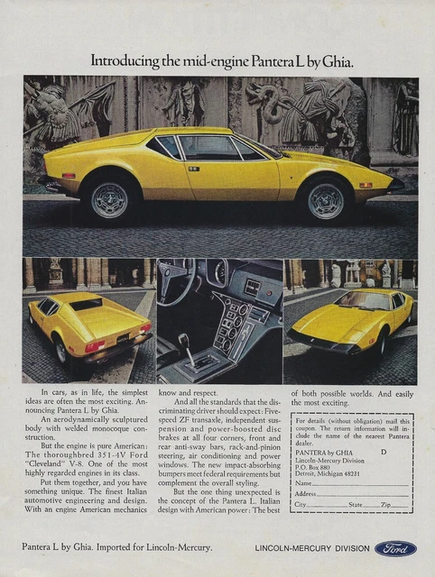 1973 PANTERA DE Tomaso Ad Vintage Magazine Advertisement Ford Yellow ...