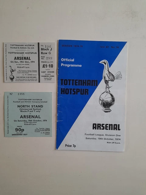 TOTTENHAM HOTSPUR VS Arsenal program and match ticket 19th October 1974 ...