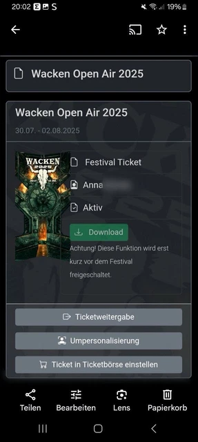 TICKET FÜR DAS Wacken Open Air 2025 EUR 200,00 - PicClick DE