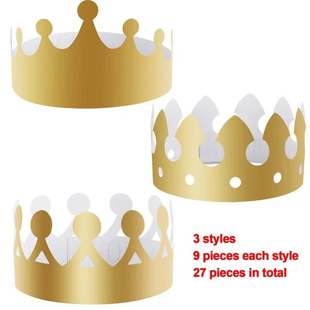 GOLDEN PAPER CROWNS Hats King Prince Princess Set Themed 27pcs 3 Styles ...