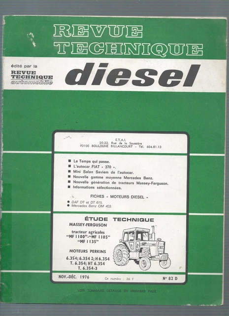 REVUE TECHNIQUE DIESEL tracteur MASSEY-FERGUSSON MF 1100/MF 1105/MF 1135 N°82D EUR 29,00 ...
