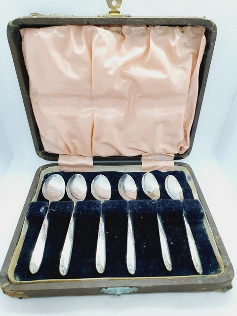 VINTAGE ANGORA Silver Plated Cased Set 6 Dessert Coffee Spoon Cutlery ...