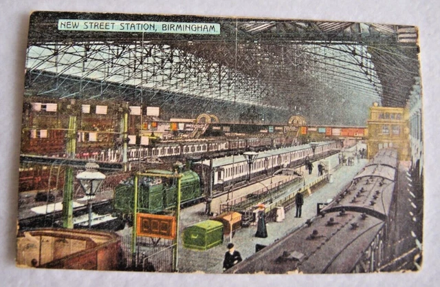 VINTAGE 1900-1910 HAND PAINTED POSTCARD New Street Station Birmingham ...