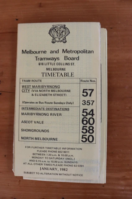 MELBOURNE TRAM TIMETABLE for 57, 54, 60, 58, 50 and 357 dated January ...