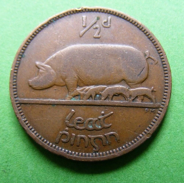 IRISH 1942 HALF Penny Coin Pig Piglets Celtic Harp Old Vintage Ireland ...