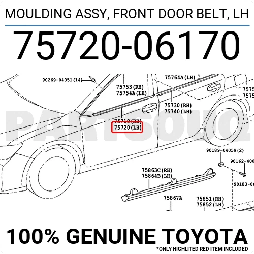 7572006170 GENUINE TOYOTA MOULDING ASSY, FRONT DOOR BELT, LH 75720 ...