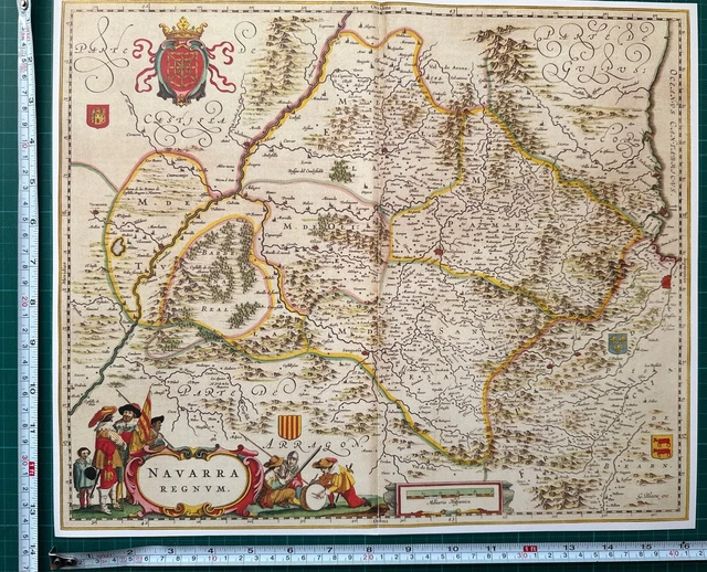 ANTIQUE HISTORIC OLD Poster Map of Navarre region of Spain 1600s ...