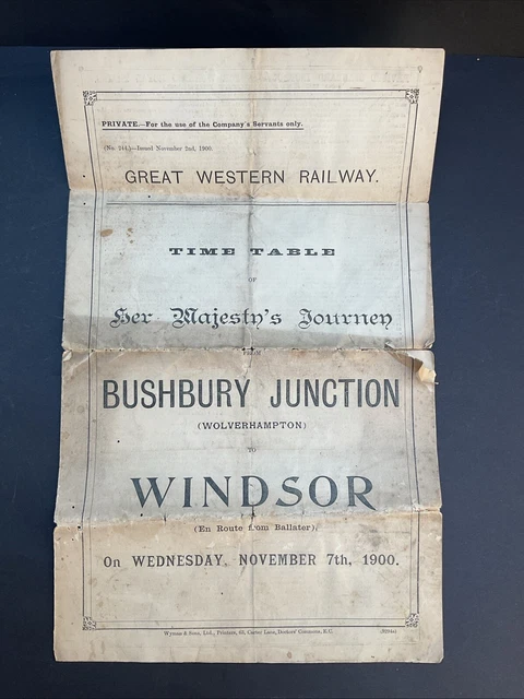 GWR TIMETABLE OF Queen Victoria's Journey from Bushbury Junction to ...