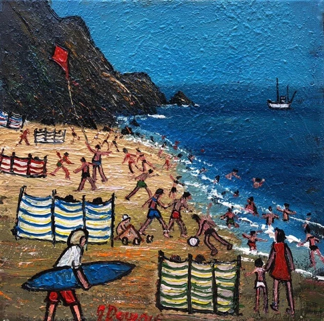 JAMES DOWNIE - CORNWALL BEACH FUN. Original Oil On Canvas 12”x12 ...