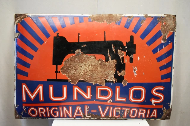 ANTIQUE MUNDLOS SEWING Machine Sign Board Porcelain Enamel Germany ...