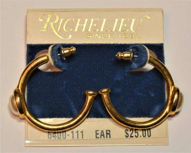 NEUF ORIGINAL CARTE Signé Richelieu Doré Faux Perle Boucle Percé D ...