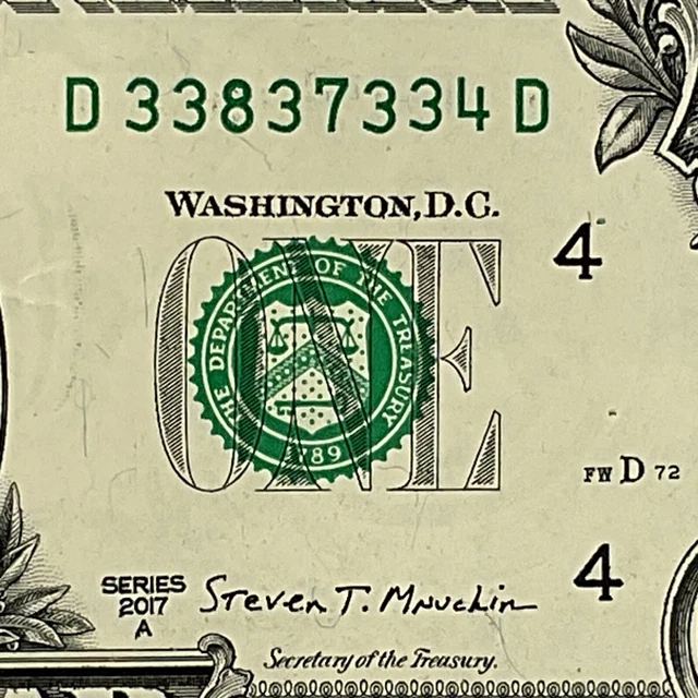 FIVE OF A Kind 3s Fancy Serial Number 2017A One Dollar Bill D33837334D ...