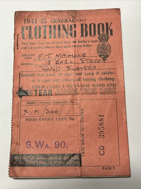 WW2 BRITISH HOME Front Civilian Clothing Coupons Ration Book For 1944/ ...