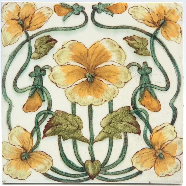 ANTIQUE FIREPLACE TILE Transfer Print & Tint Pansies Henry Richards ...