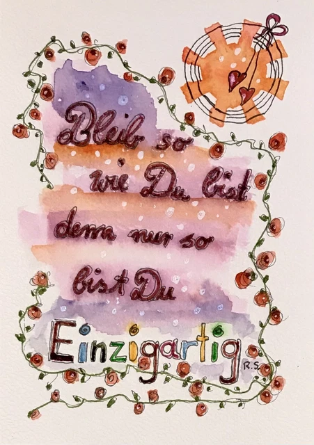 ORIGINAL AQUARELL POSTKARTE mit Spruch Text Schrift Gruß Einzigartig ...