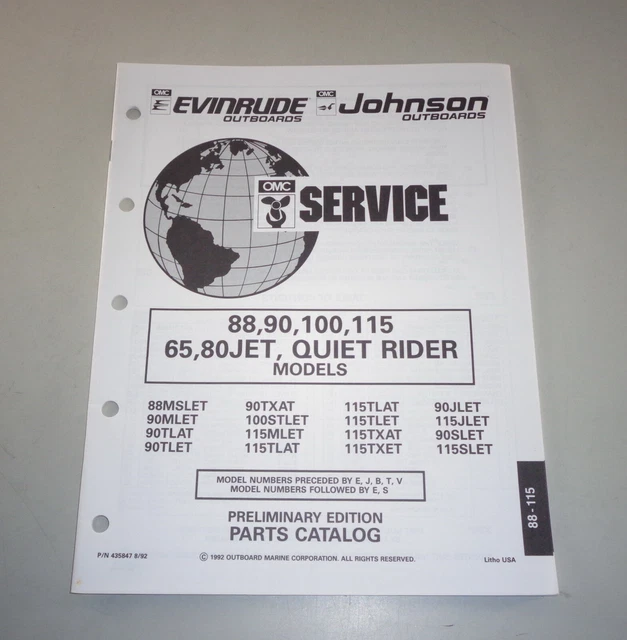PARTS CATALOG OMC Johnson Evinrude Outboard 88 90 100 115 65/80JET ...