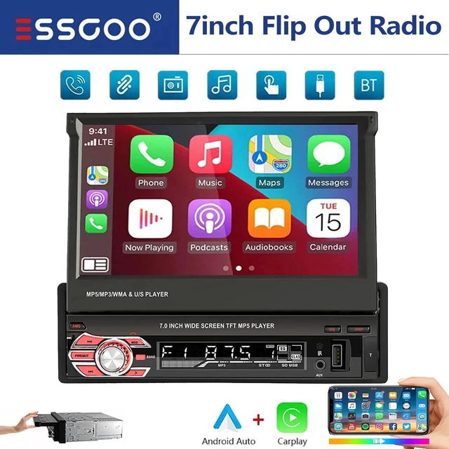 SINGLE DIN 7& Apple CarPlay Android Auto Car Stereo Radio Flip Out HD ...