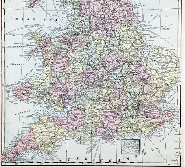 ENGLAND WALES MAP 1889 ORIGINAL London Dover Railways Counties ...