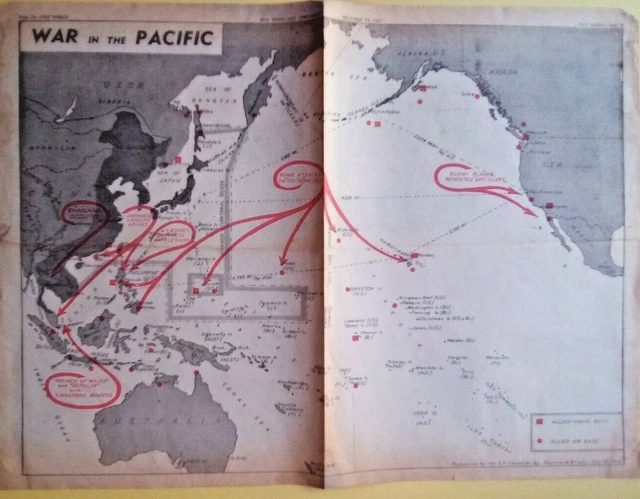 WAR IN THE Pacific WWII 1941 map of the war a week after Pearl Harbor ...