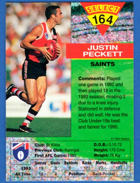AFL SELECT 1994 St.Kilda Saints Justin Peckett football card EUR 3,64 ...