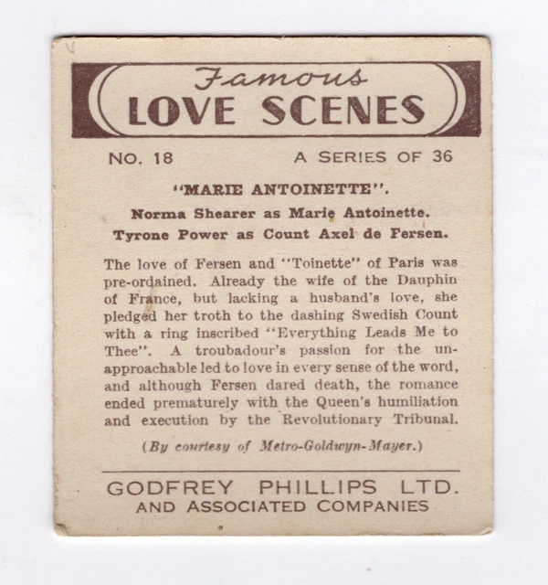 FAMOUS LOVE SCENES card 1939 #18 Marie Antoinette Norma Shearer Tyrone ...