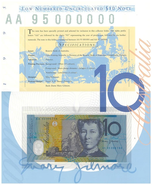 AUSTRALIA 1995 $10 Polymer Banknote AA Prefix Low Numbered UNC in ...