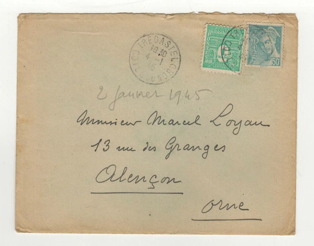 FRANCE LETTRE 1945 timbre Arc de Triomphe 1 f. & Hercule oblit. Trégastel /L4800 EUR 2,50 ...