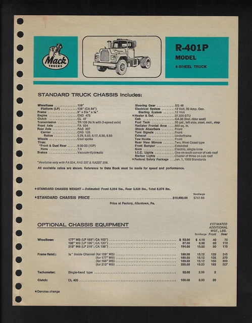 MACK TRUCKS R-401P Model Specifications Brochure June 1969 $27.50 ...