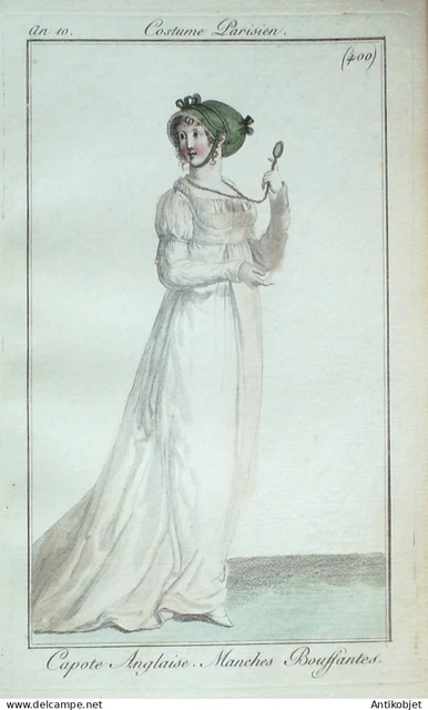GRAVURE DE MODE Costume Parisien 1802 n° 400 (An 10) Capote anglaise ...
