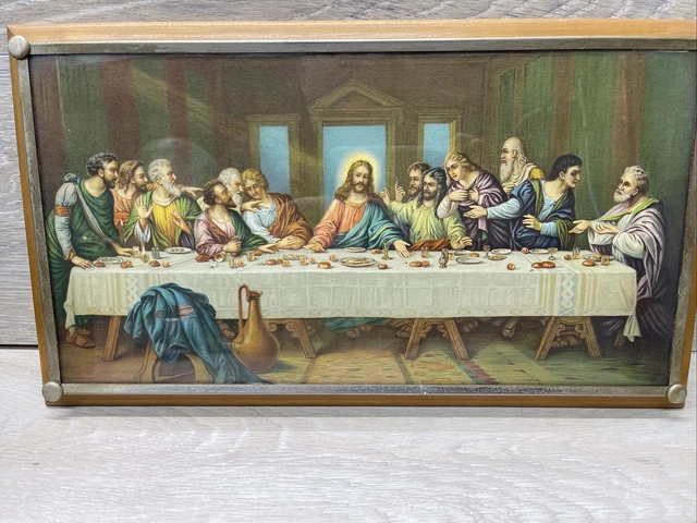 VINTAGE 16X9” ZABATERI JESUS CHRIST THE LAST SUPPER PRINT WEOD/METAL ...